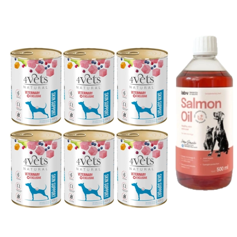 4Vets Dog Skin Support 6x400g + LAB V Lašišų aliejus šunims ir katėms ...
