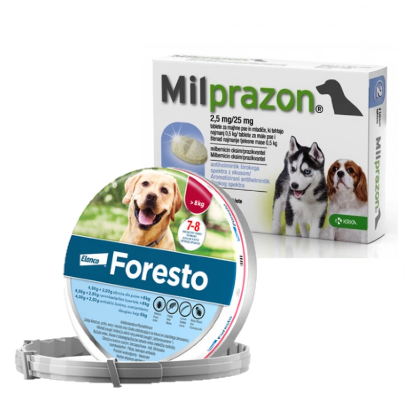 MILPRAZON ŠUNIMS 2,5mg/25mg, 4 tabl. šunims + ELANCO Foresto Antkaklis ...