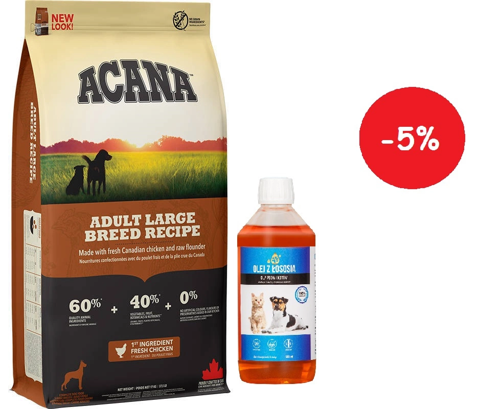 ACANA HERITAGE Adult Large Breed 17kg + LAB V Lašišų aliejus šunims ir katėms 500ml | Gyvūnų ...