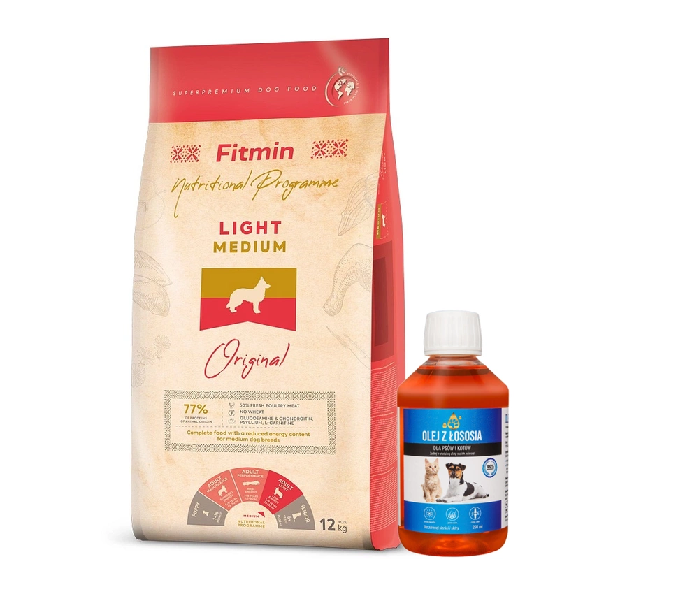 FITMIN Medium Light 12 kg + LAB V Lašišų aliejus šunims ir katėms 250ml ...