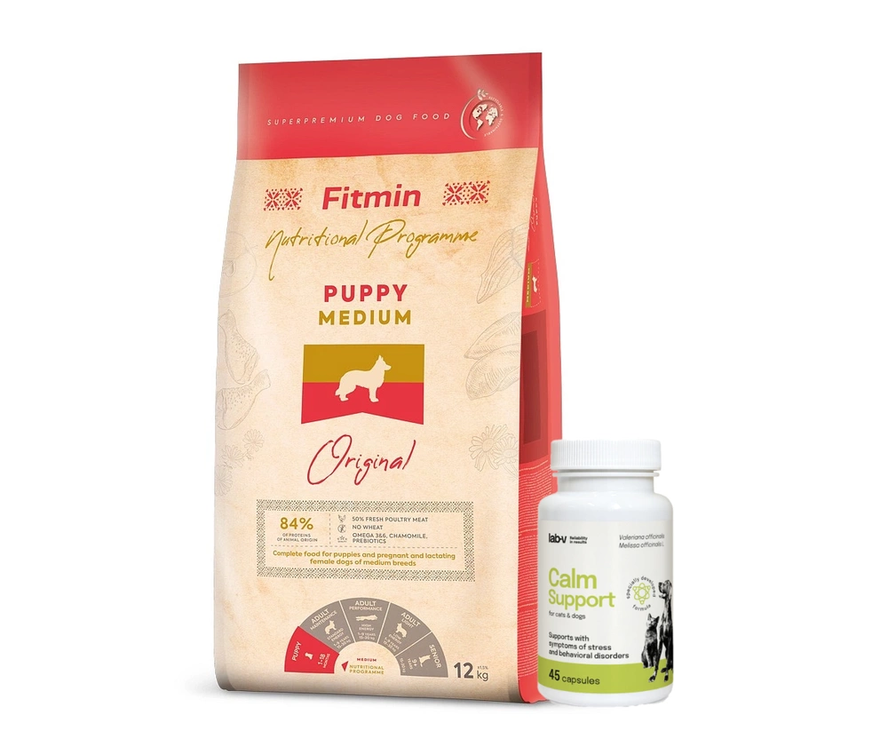 FITMIN Medium Puppy 12kg + LAB-V Calm Support - streso ir elgesio ...