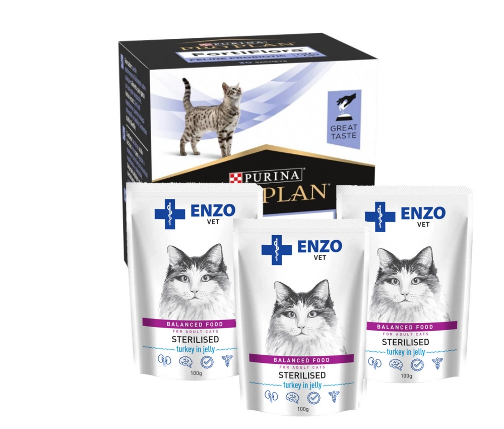PURINA PVD FortiFlora Cat 30 paketėlių + 3x ENZO VET Sterilizuota dieta sterilizuotoms katėms su ...